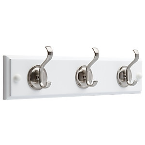 14-Inch Hook Rail/Coat Rack with 3 Coat and Hat Hooks, Flat White and Satin Nickel, Packaging May Vary