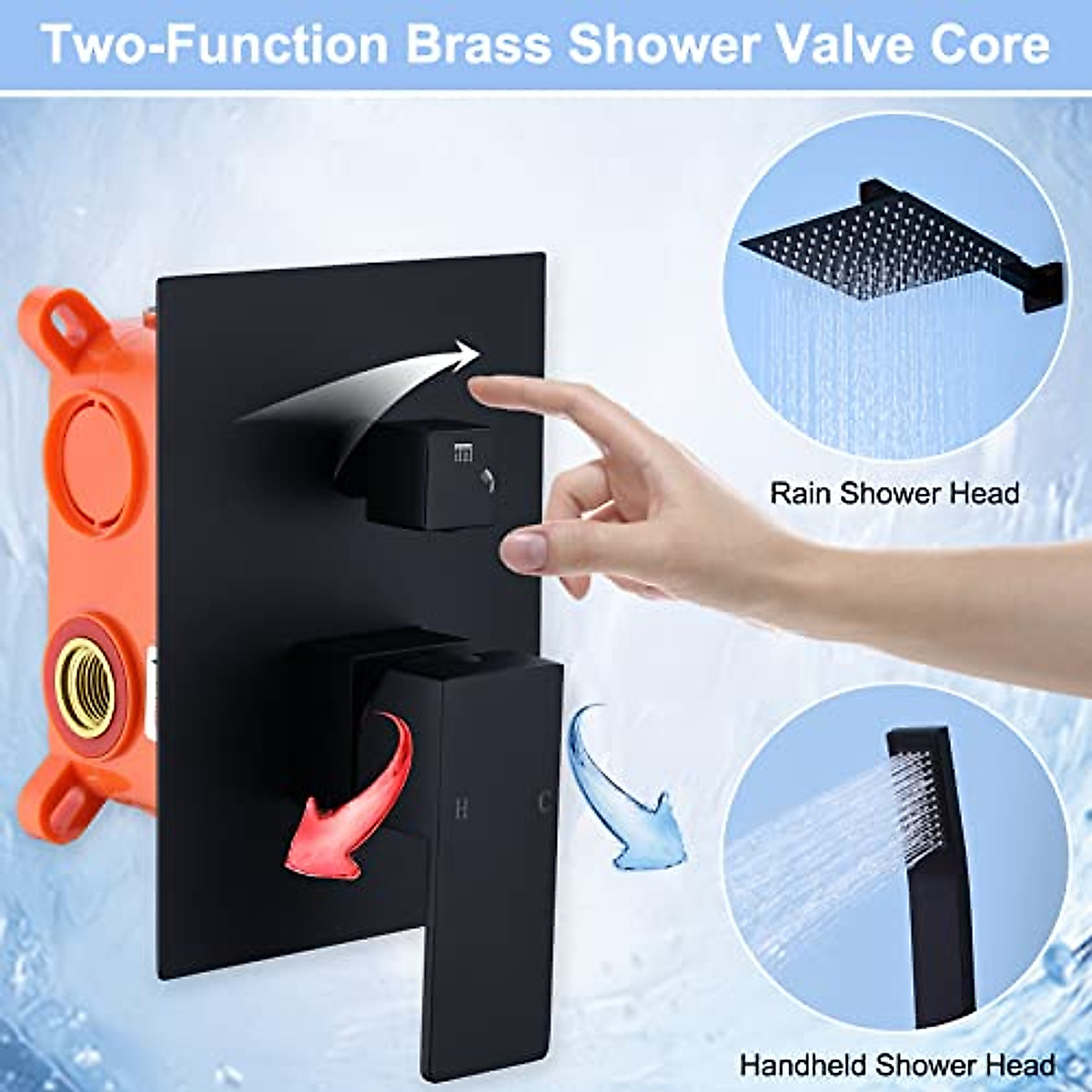 HANEBATH Matte Black Shower Faucet Set Complete with 10 Inch Rainfall Shower Head, Wall Mounted Shower Fixtures with Valve and Trim Kit