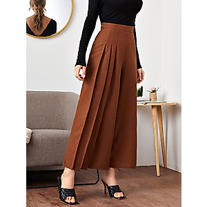 Floerns Women's Solid Color High Waist Fold Pleated Detail Wide Leg Palazzo Pants Brown M