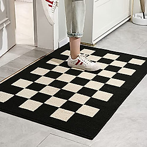 BOVEU Indoor Door Mat Front Door Mat, 20"x 32" Checkered Geometric Doormat Black Indoor Rugs, Thin Interior Door Mats for Entryway, Patio, Black