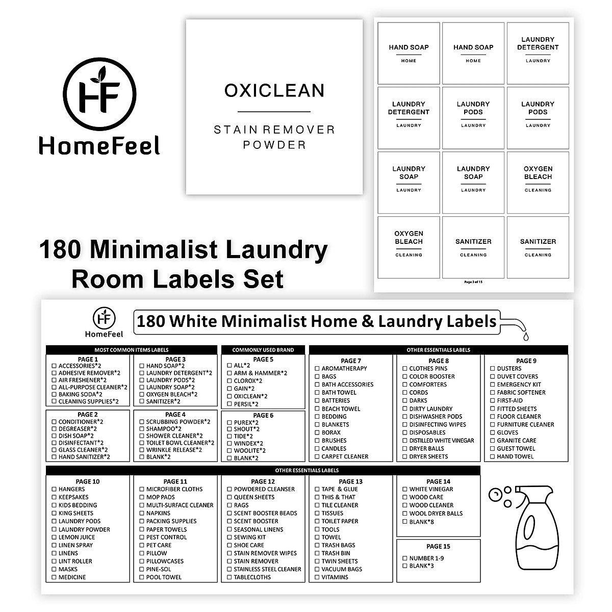 180 Minimalist Laundry Labels for Jars, Laundry Stickers for Containers, Cleaning for Laundry Room Spray Bottles and Household Organization, Waterproof and Easy to Stick and Peel