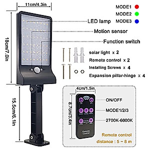 Adowan LED Solar Outdoor Lights with Motion Sensor, 3 Lighting Modes Flood Lights with Remote Control, Waterproof Night Security Light for Garage Garden Street Shed Yard (2 Pack)