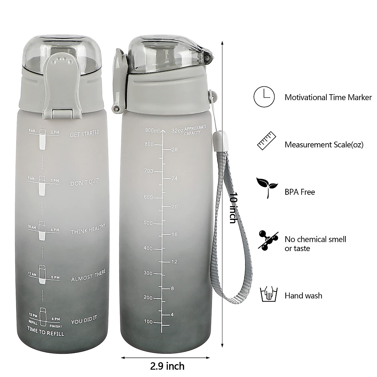 Qidordour Sports Water Bottle, 32oz Motivational Water Bottles with Time Marker & Carry Strap, Leakproof Flip Top Drinking Bottle, BPA-free, Reusable Plastic Jug For Fitness Gym, Gradient Grey