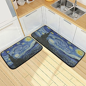 ALAZA Van Gogh Starry Sky Oil Painting 2 Piece Kitchen Rug Floor Mat Set Runner Rugs Non-Slip for Kitchen Laundry Office 20" x 28" + 20" x 48"