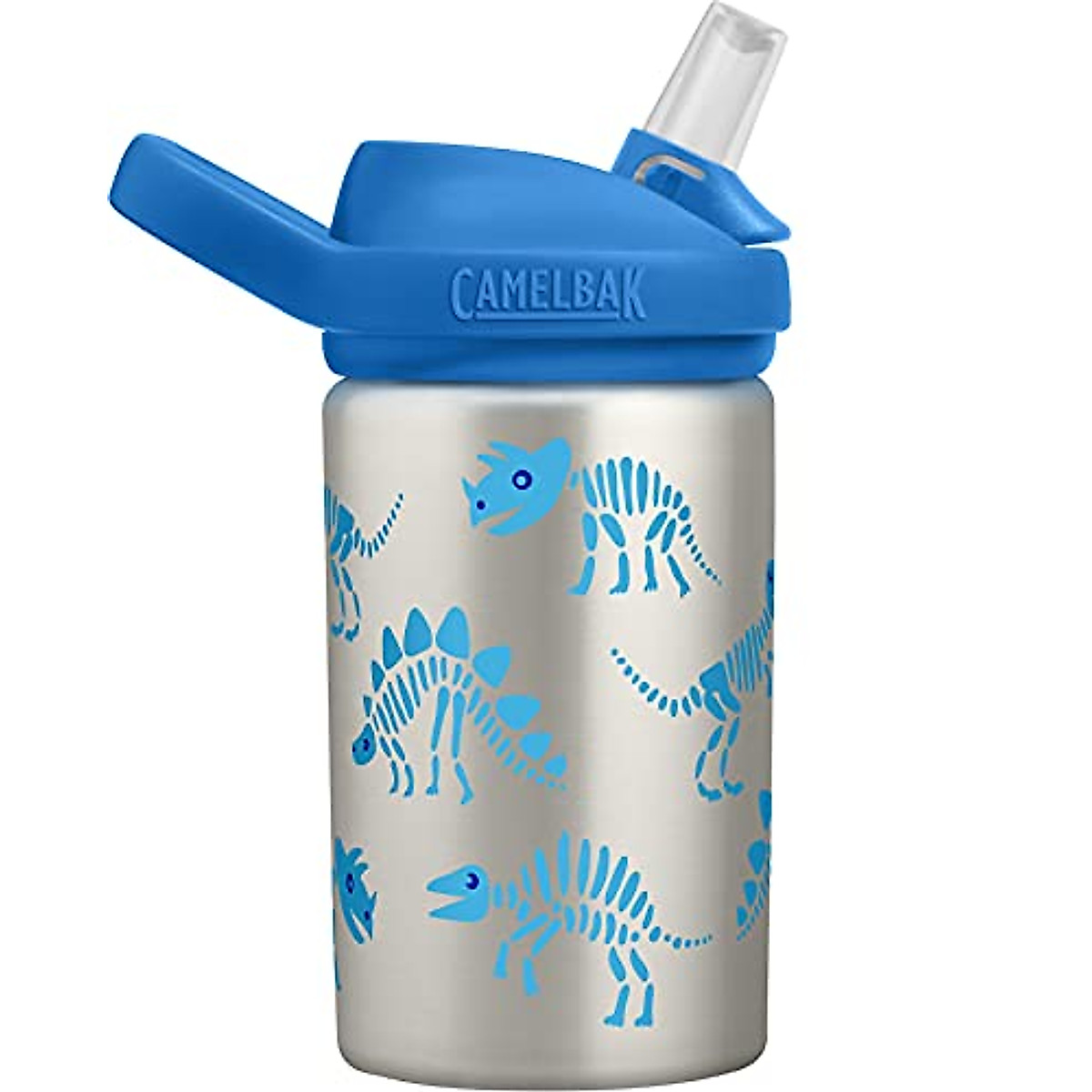 CamelBak Eddy+ Kids Water Bottle, Stainless Steel, 14 oz, Dino Bones - Spill-Proof When Open, Leak-Proof When Closed & Eddy Kids Bottle Accessory 2 Bite Valves/2 Straws, Ice Blue