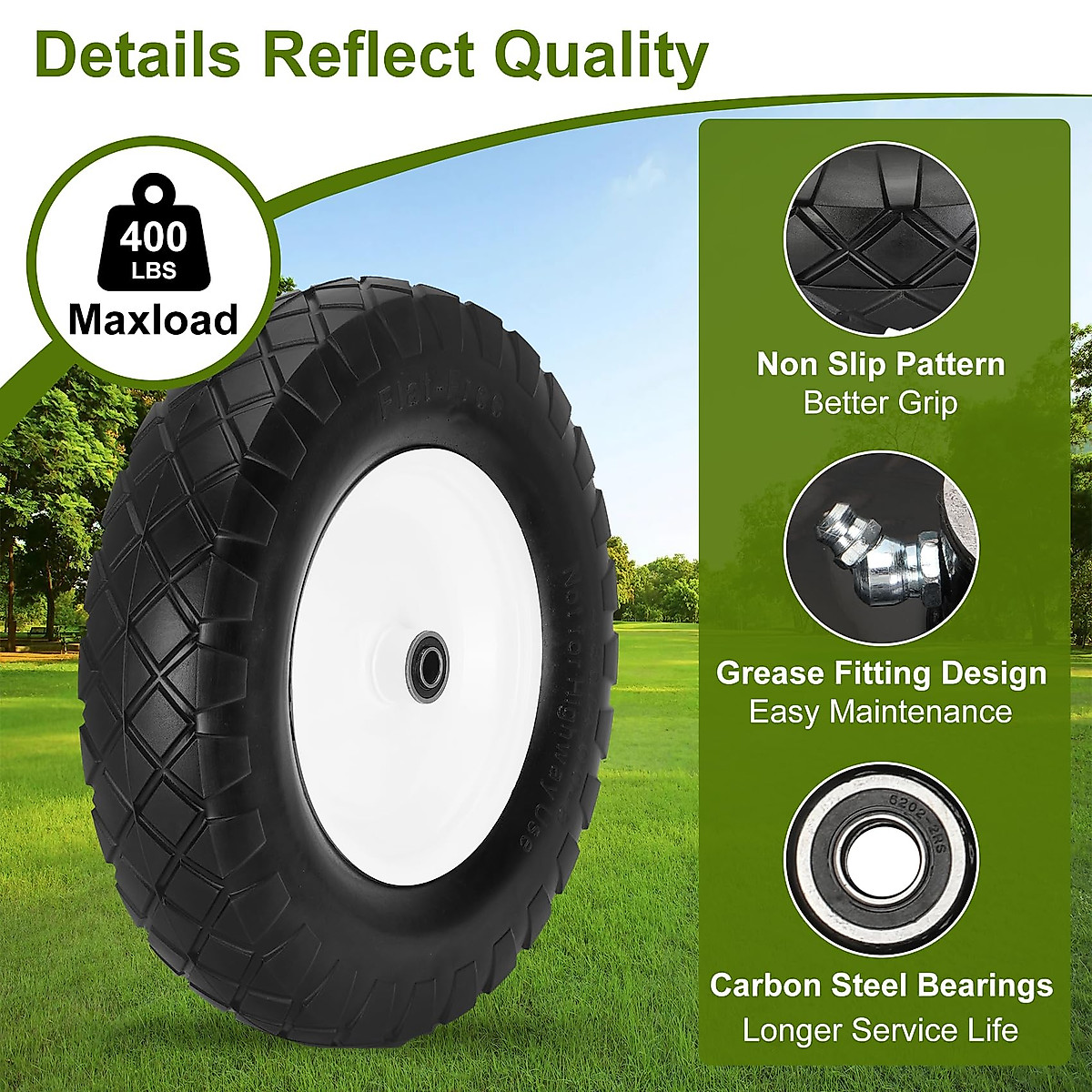 Pontuss Upgraded 16" Flat Free Wheelbarrow Wheels and Tires, 4.80/4.00-8 Solid Wheelbarrow Tires with 5/8"&3/4" Bearings,14"-16" Universal Fit Wheelbarrow Tires for Wheelbarrows/Garden Trailer