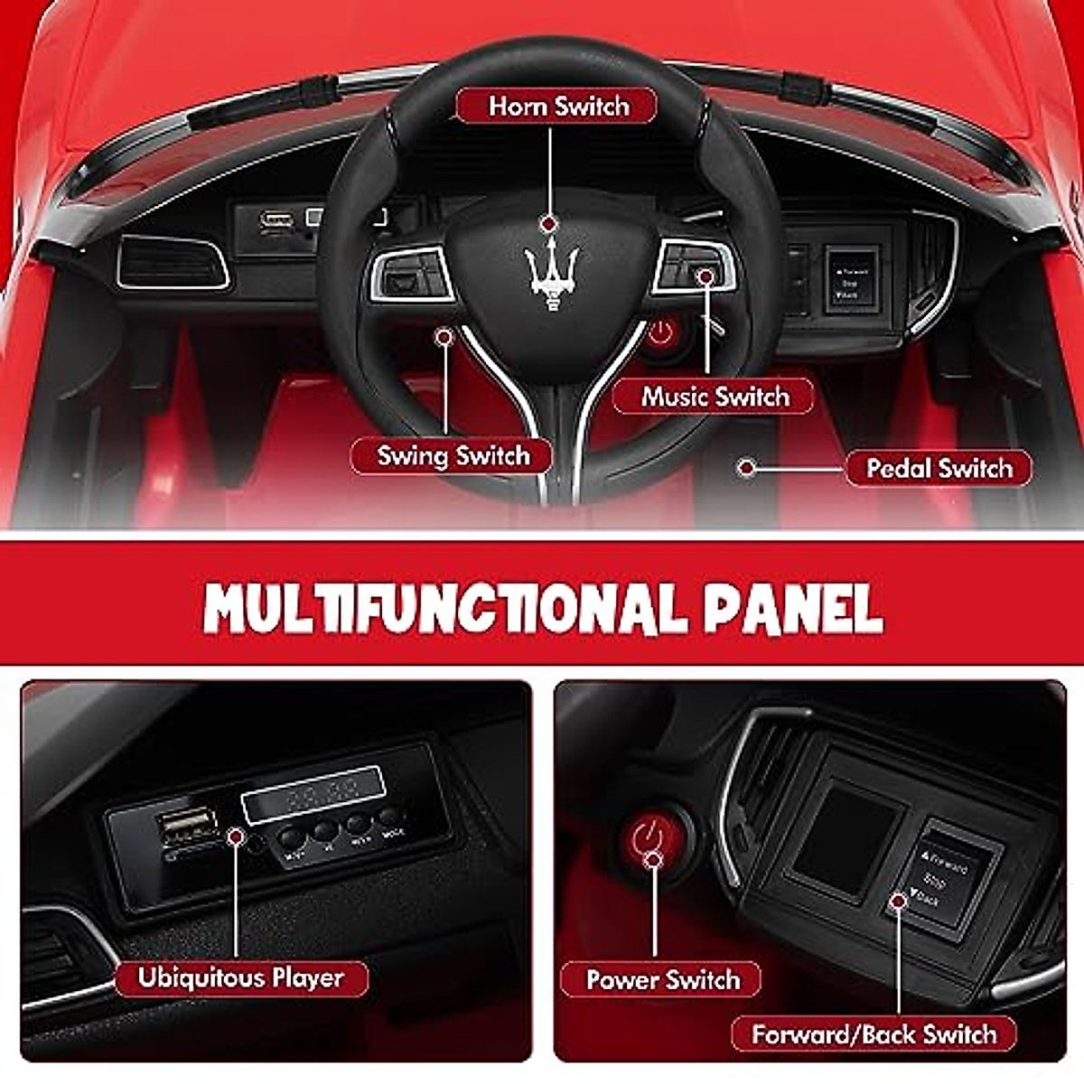 TOBBI Kids Ride on Car, 12V Licensed Maserati Ghibli, Electric Car for Boy Girl with Remote Control, 3 Speeds, Music, Bright Lights, MP3, USB, Electric Vehicle for Kids Ages 3-6 Years, Red