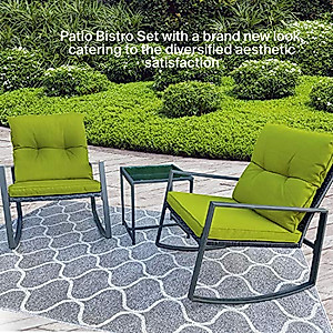 Pyramid Home Decor 3-Piece Rocking Bistro Set - Durable & Stylish Synthetic Wicker Outdoor Furniture - Glass Coffee Table with 2 Chairs for Balcony, Patio & Porch - Black Metal, Soft Green Cushions