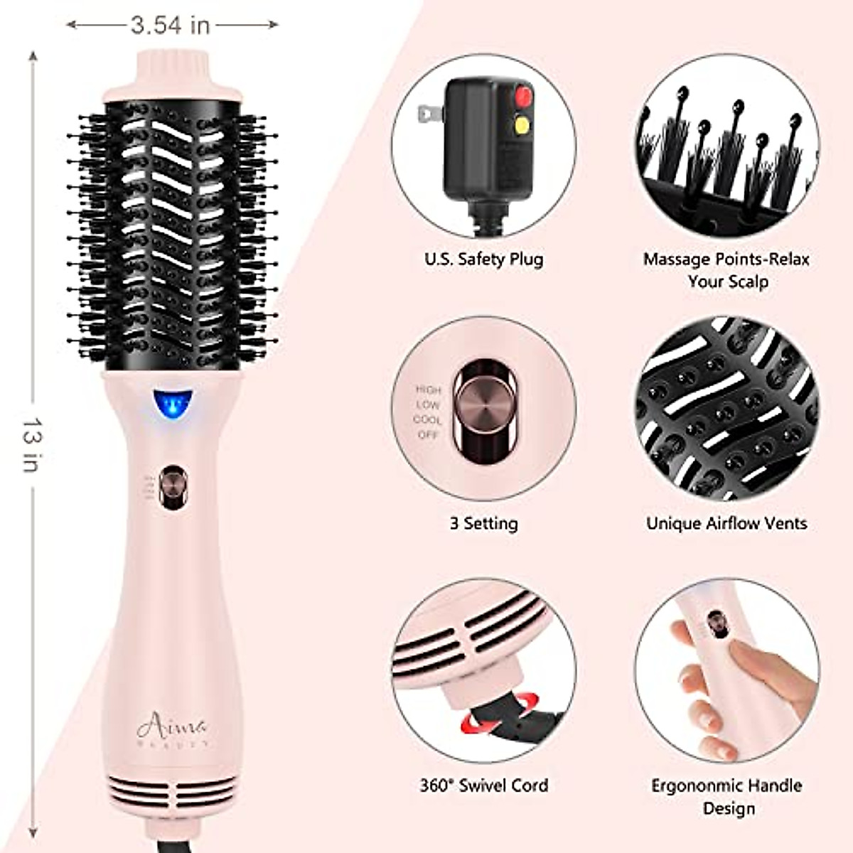 Hair Dryer Brush, Aima Beauty One Step Hair Dryer and Styler Volumizer with Negative Ion for Reducing Frizz and Static, Hair Styling Tools, Pink