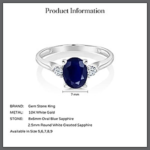 Gem Stone King 10K White Gold Blue Sapphire and White Created Sapphire 3-Stone Engagement Ring | 1.89 Cttw | 3 Stone Wedding Engagement Anniversary Promise Ring For Women (Size 9)