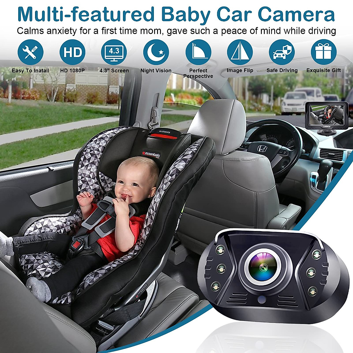 LeeKooLuu Baby Car Camera Display 3 Mins Easy Install - Plug and Play HD 1080P Clear Picture Crystal Night Vision Rear Facing Car Baby Monitor with Camera Wide View Backseat Camera Two Kids LK12