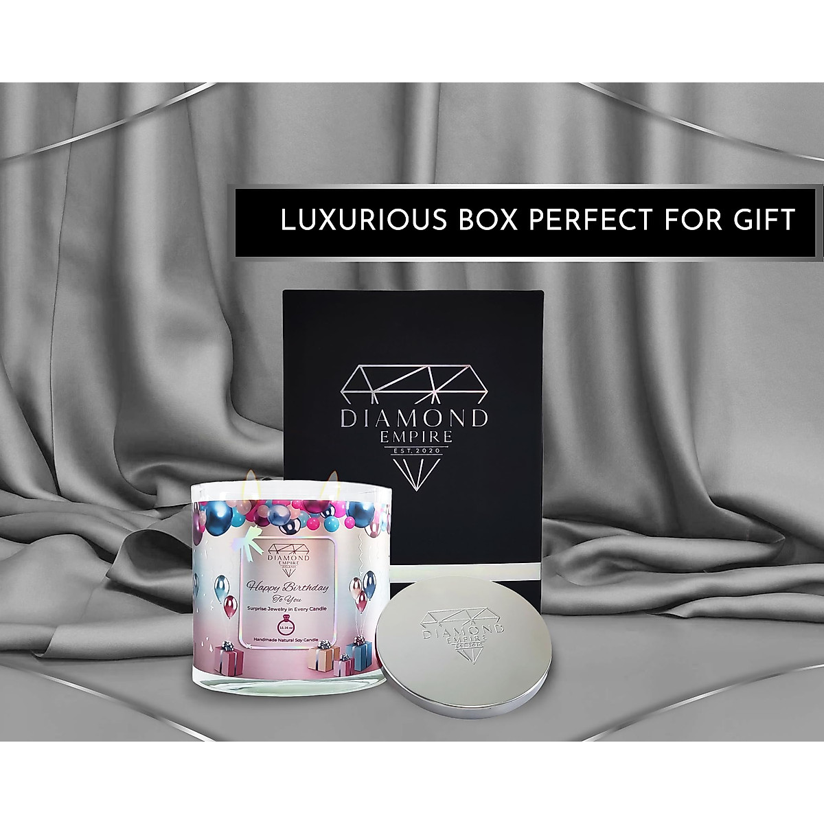 Diamond Empire Happy Birthday Candle with Surprise Jewelry Inside (Surprise Jewelry Valued up to $3,500) 2 Wick Candle (Burn up to 120 H) Ring Size 6