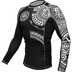 Hardcore Training Ta Moko Black Men's Rash Guard Compression Long Sleeve MMA No-Gi Tight BJJ Grappling Base Layer Fitness (Large Size, Black White)