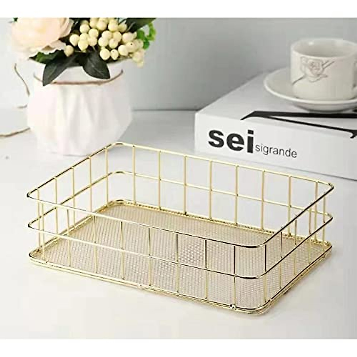 AESGXTU Gold Metal Storage Basket Desktop Iron Grid Simple Snack Storage Tray for Home Decor＆Orderly Storage (Large)