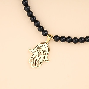 COAI Hamsa Hand Black Obsidian Tiger Eye Stone Beaded 108 Mala Necklace