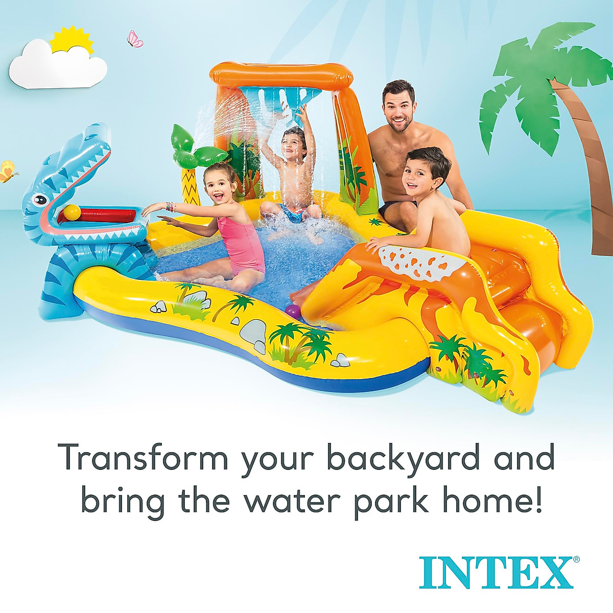 Intex Inflatable Dinosaur Play Center Outdoor Playhouse Inflatable Water Park with Kid Pool Slide, Water Sprayer, Waterfall, and 6 Balls, Multicolor