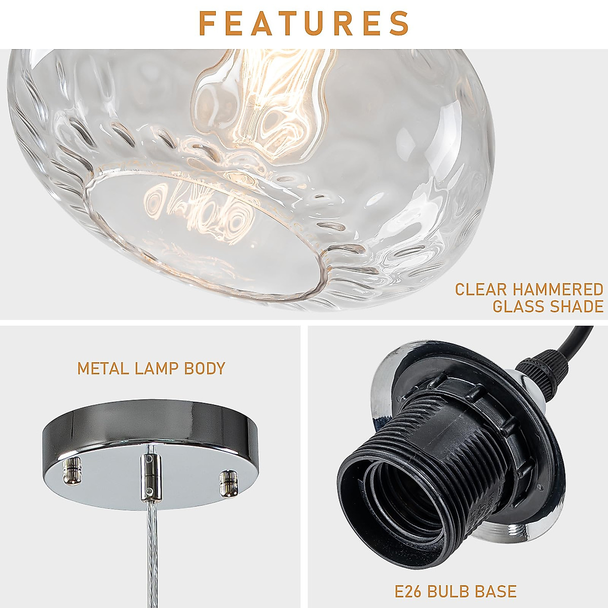 kelary Glass Pendant Light Hammered Clear Pendant Lighting Adjustable Glass Light Ceiling Fixture for Hallway, Kitchen Sink, Dinning Room, Living Room 2packs