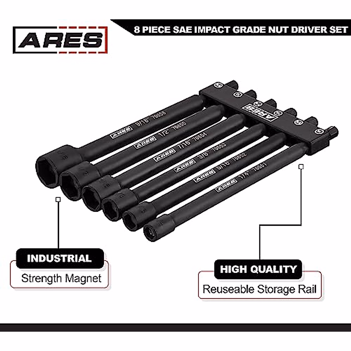 ARES 70650-6-Piece SAE Magnetic Impact Nut Driver Bit Set - Impact Grade Nut Setters with Industrial Strength Magnets