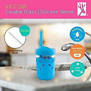Elk and Friends Kids & Toddler Cups | The Original Glass Mason jars 8 oz with Silicone Sleeves & Silicone Straws with Stoppers | Smoothie Cups | Spill Proof Sippy Cups for Toddlers