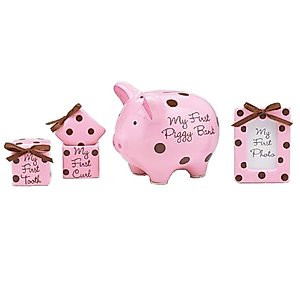 4 Piece Baby Girl Gift Set with Piggy Bank,First Curl, First Tooth,Photo Frame.Great Keepsake Gift