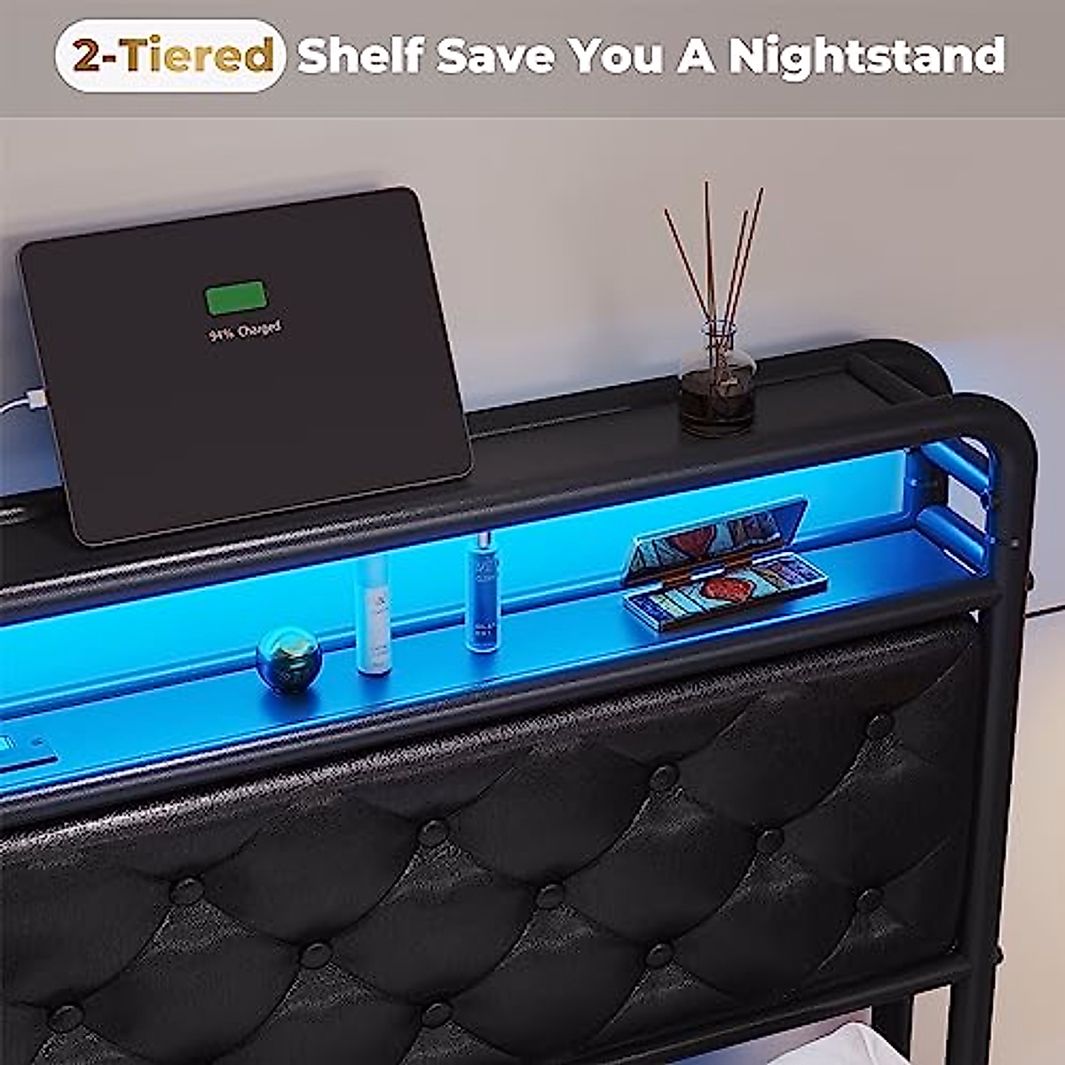 BTHFST King Size Bed Frame with Built-in LED Light Headboard, USB Ports & Outlets, Faux Leather Upholstered King Platform Bed Frame with Diamonds Tufting Design, Super Sturdy Bed Foundation, Black