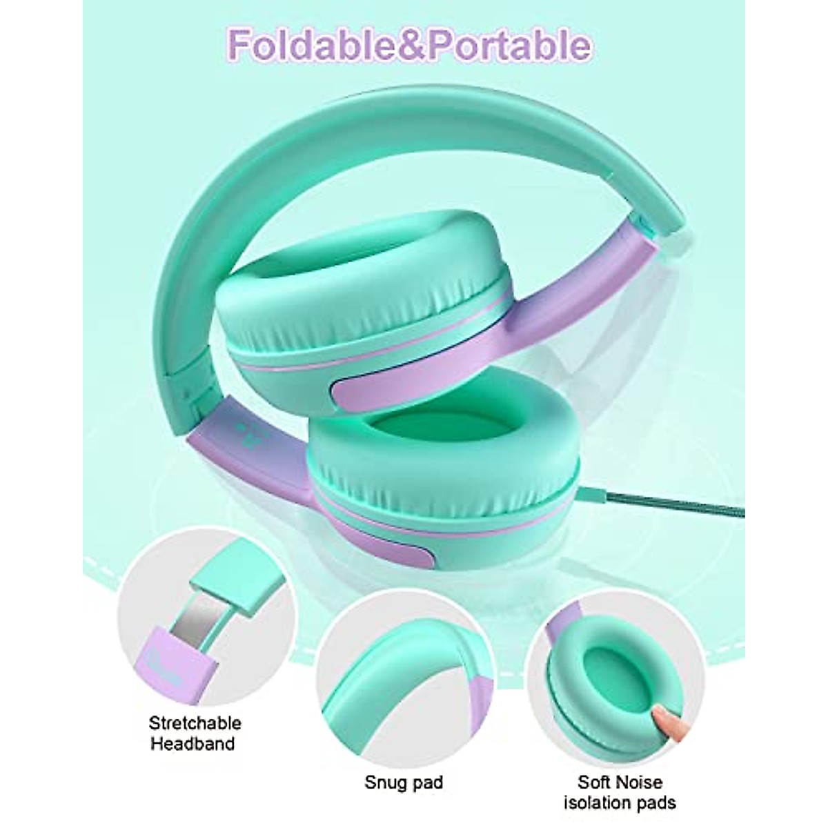 ELECDER Kids Headphones, S8 Wired Headphones for Kids with Microphone for Boys Girls, Adjustable 85dB/94dB Volume Limited, 3.5 mm Jack for/Kindle/Smartphones/Tablet/Airplane Travel(Green/Purple)