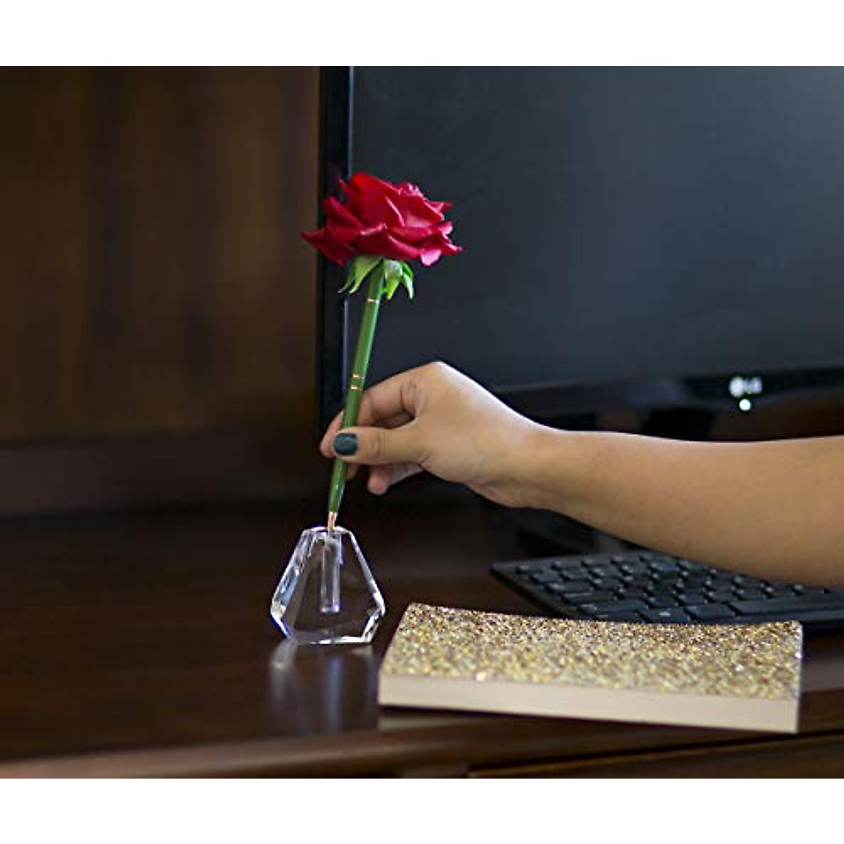 Pentrenz Rose Pen"Valeta" With Diamond Crystal Holder and 2 Ink Refills For Mom, Sister, Friend, Aunt, Grandma, Nurse, Teacher, Great for Home, Dr. Office or Wedding Decor