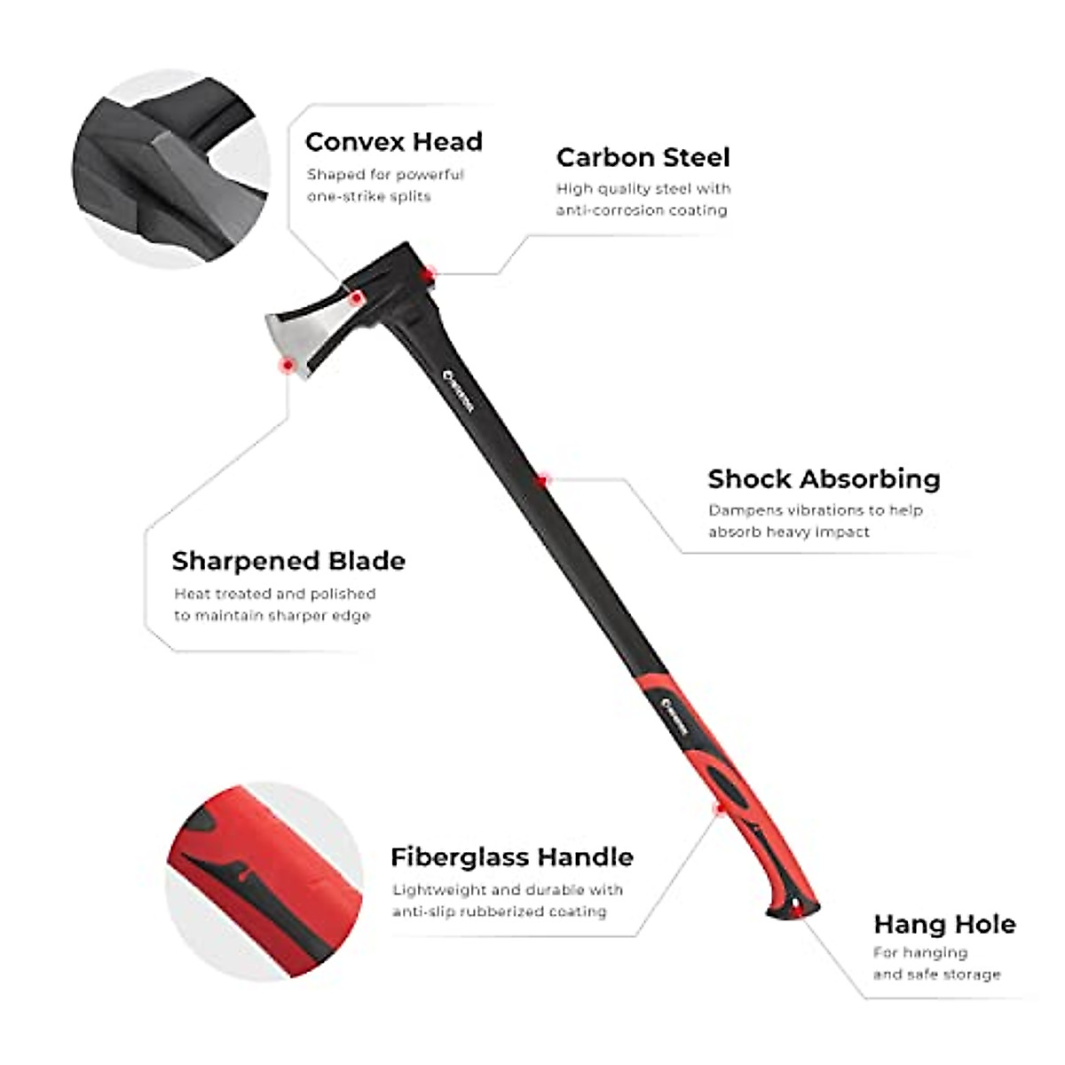 INTERTOOL 35-inch Splitting Maul, Wood Splitter Axe for Logs, 5 lb / 2270 g, Shock Absorbing Fiberglass Anti-Slip Handle with Blade Cover HT-0275