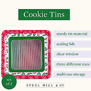 Steel Mill & Co Square Tin Containers with Lids, 3 Pack Christmas Cookie Tins, Festive Cookie Tins for Gift Giving & Holiday Treats, Metal Box Nesting Containers, Large Medium Small, Snowflake