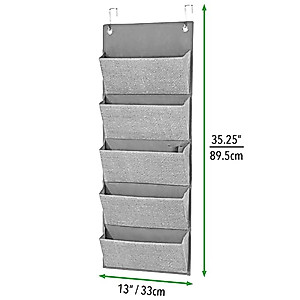 mDesign Soft Fabric Over the Door Hanging Storage Organizer with 5 Large Pockets for Closets in Bedrooms, Hallway, Entryway, Mudroom - Textured Print - Hooks Included - Gray