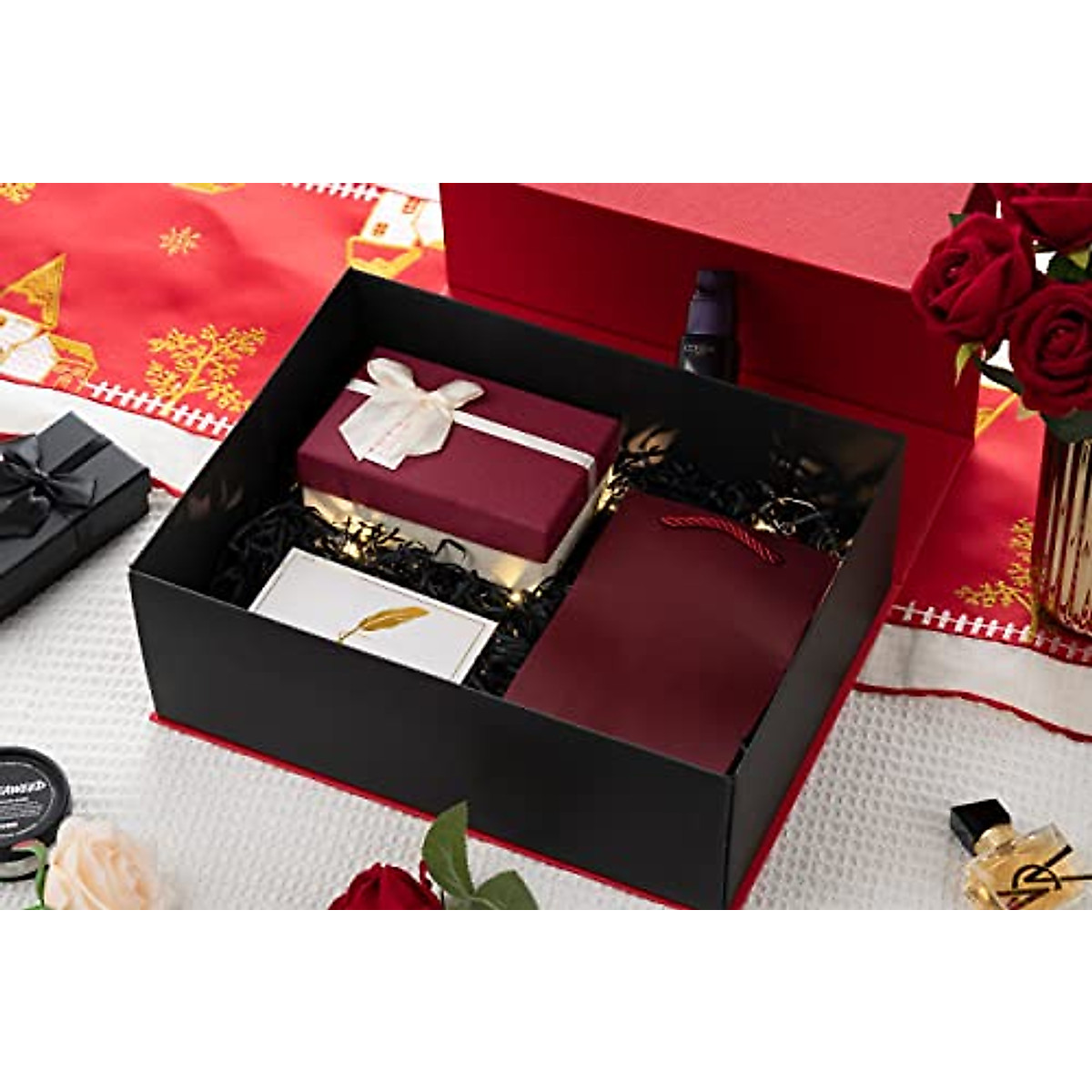 AimtoHome Gift Box 13.4x10x5 Inches,Red Black Gift Box with Lid,Collapsible Bridesmaid Groomsmen Proposal Box with Magnetic,Gift Boxes for Presents,Valentines day Wedding Christmas Birthdays Gift Packging(Pack of 3)