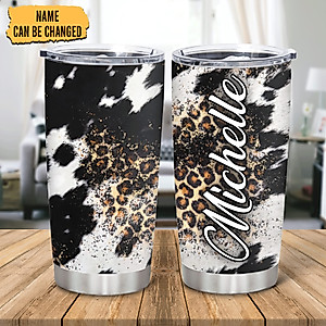 Hyturtle Personalized Cow Leopard Print Tumbler Cowgirl 20oz Tumbler with Lid Gift for Cow Lover Women Girl Animal Lovers - Christmas Birthday - Black Custom Name 20oz Stainless Steel Tumbler