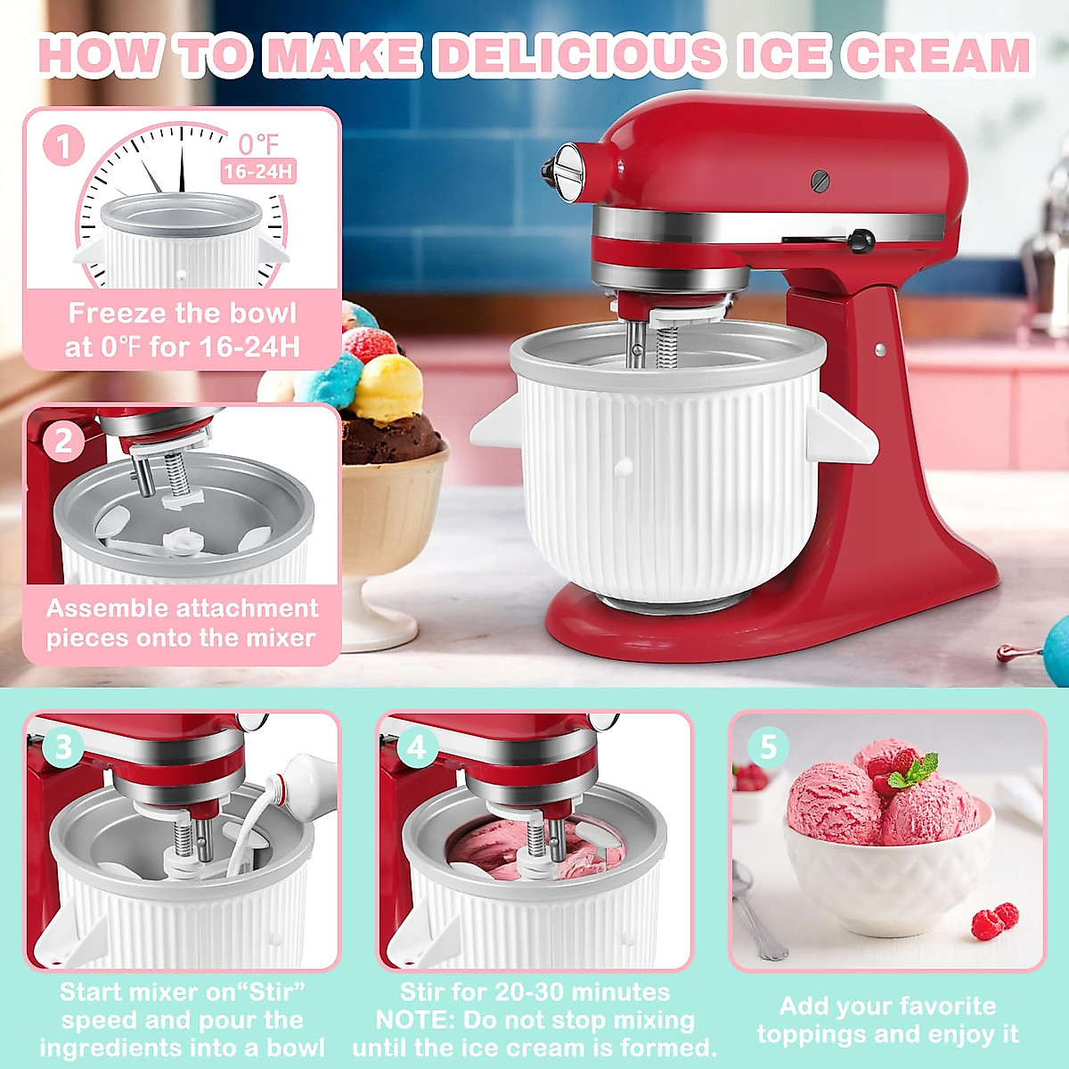 GLINK Ice Cream Maker Attachment for KitchenAid Stand Mixer, Compatible with Kitchenaid 4.5-5Qt Stand Mixer and 5-6Qt Bowl-Lif, 2-Quart Frozen Yogurt/Ice Cream/Sorbet Gelato Maker