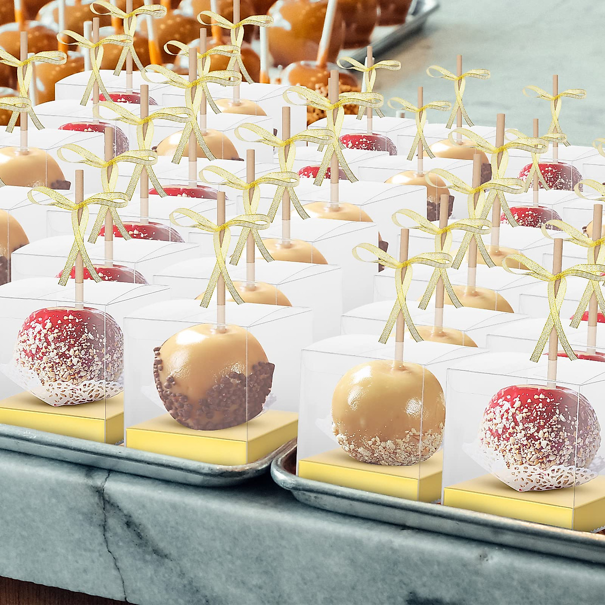 50 Sets 4 x 4 x 4 Inches Clear Candy Apple Boxes with Hole, Base, Sticks and Ribbons Transparent Candy Apple Boxes PET Caramel Apple Box Plastic Gift Boxes for Chocolate Apples Party Supplies (Gold)