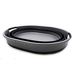 SAMMART 25L(6.6 Gallon) Collapsible Plastic Laundry Basket-Oval Tub/Basket-Foldable Storage Container-Portable Washing Tub-Space Saving Laundry Hamper, Water Capacity 20L(5.28 Gallon)(2, Grey/Black)