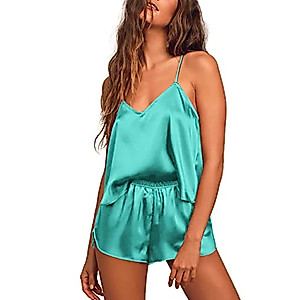 Ekouaer Womens Silk Cami Satin Pajamas Camisole Loungewear Soft Lingerie Set Blue-green Medium