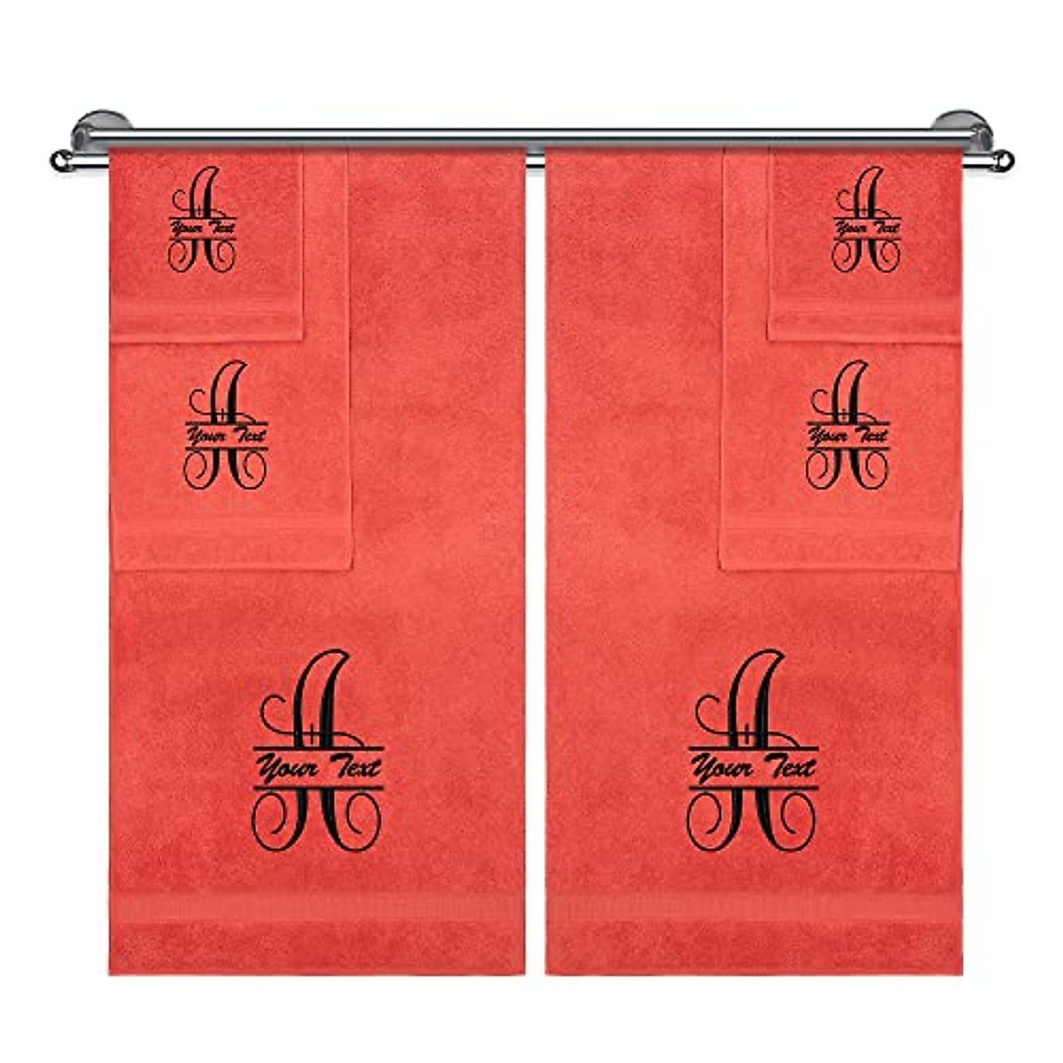 Monogrammed Towel Set, Hotel & Spa Quality, Super Soft, Highly Absorbent, Bathroom Sets, 100% Cotton Personalized 6 Piece Towel Set, Includes 2 Bath Towels, 2 Hand Towels, 2 Washcloths, Coral