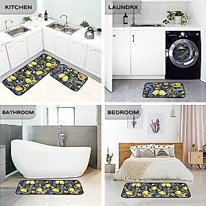 Floral Citrus Fruit Lemon Kitchen Rugs and Mats Set 2 Piece Non Slip Washable Runner Rug Set of 2 for Floor Home Decor Sink Kitchen Laundry