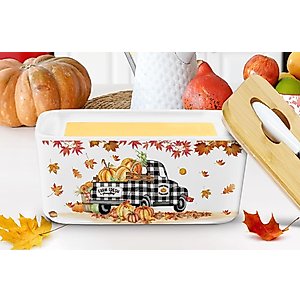 Thanksgiving Decorations Indoor Butter Dish with Lid&Knife, Thanksgiving Gifts for Women Farmhouse Fall Truck Large Ceramic Butter Dishes for Counter, Butter Keeper with Thick Acacia Wood Lid