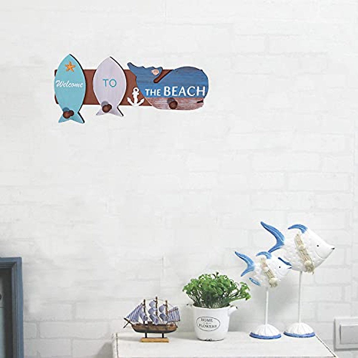 2-Pack Nautical Theme Hook Wall Mounted Wooden Coat Rack Key Hooks, Wooden Fish Welcome Key Holder for Wall with 3 Hooks Organizer, Welcome Door Wall Hook with Beach Nautical Decoration