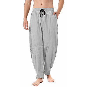 perdontoo Mens Linen Cotton Loose Fit Casual Lightweight Elastic Waist Summer Pants (Large, Grey)