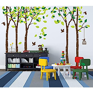 Large Five Family Trees with Birds and Birdcage Jungle Tree Wall Decal Removable Vinyl Sticker Mural Art Baby Girl Nursery Decor Baby Room Decor Kids Room Decor (103.9x70.9) (Brown)