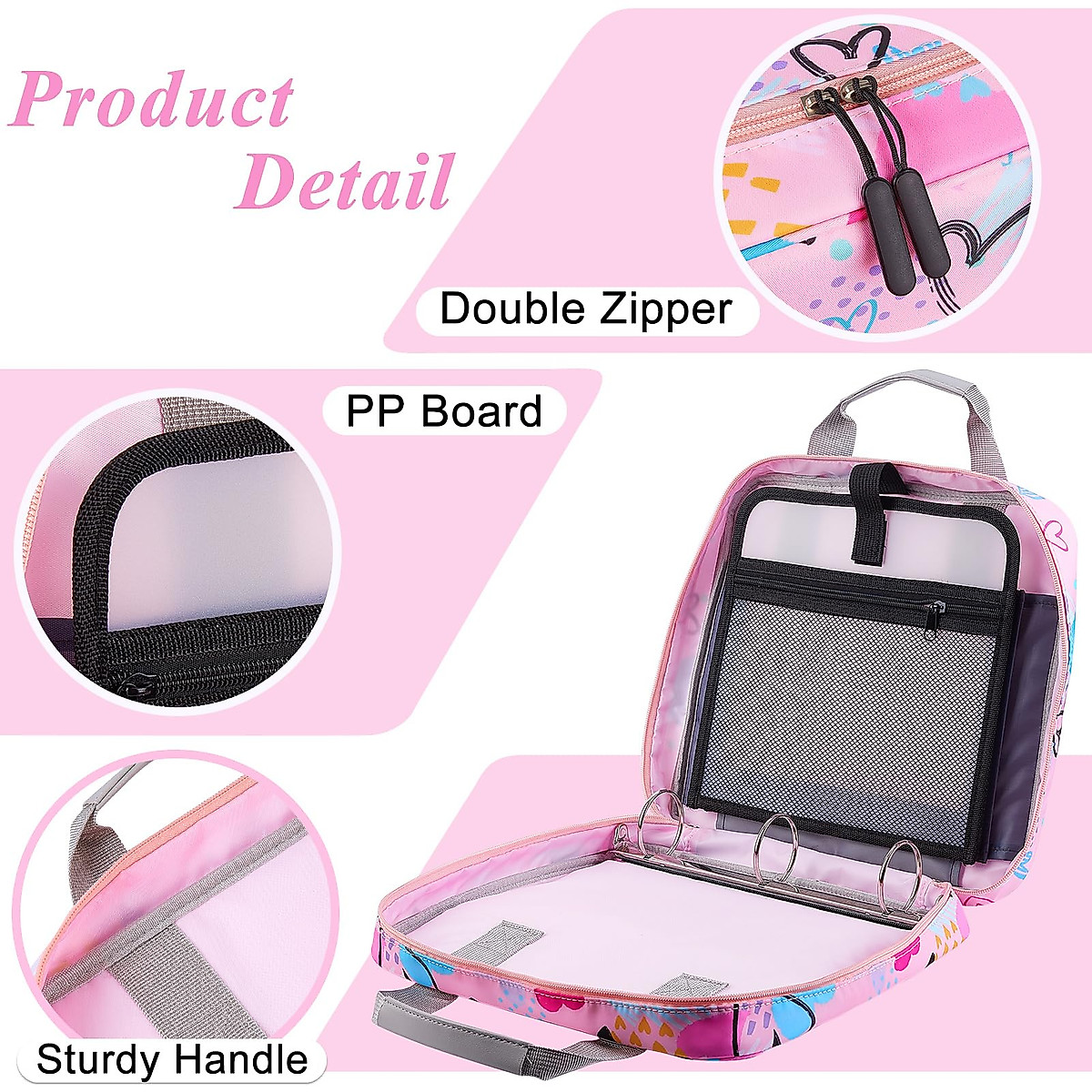 FIODAY Zipper Binder, 2 inch 3 Ring Binder with Zipper Cute Binder with Handle and Shoulder Strap Multiple Pocket 500 Sheet Capacity Binder Organizer for School