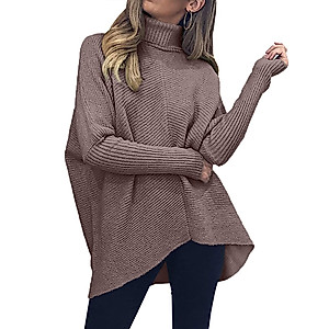 Caracilia Women Turtleneck Batwing Sweaters Oversized Tunic Sweater 2023 Fall Turtleneck High Low Sweater Pullover Knit Jumper Winter Clothes C8A7-doukou-L Brown
