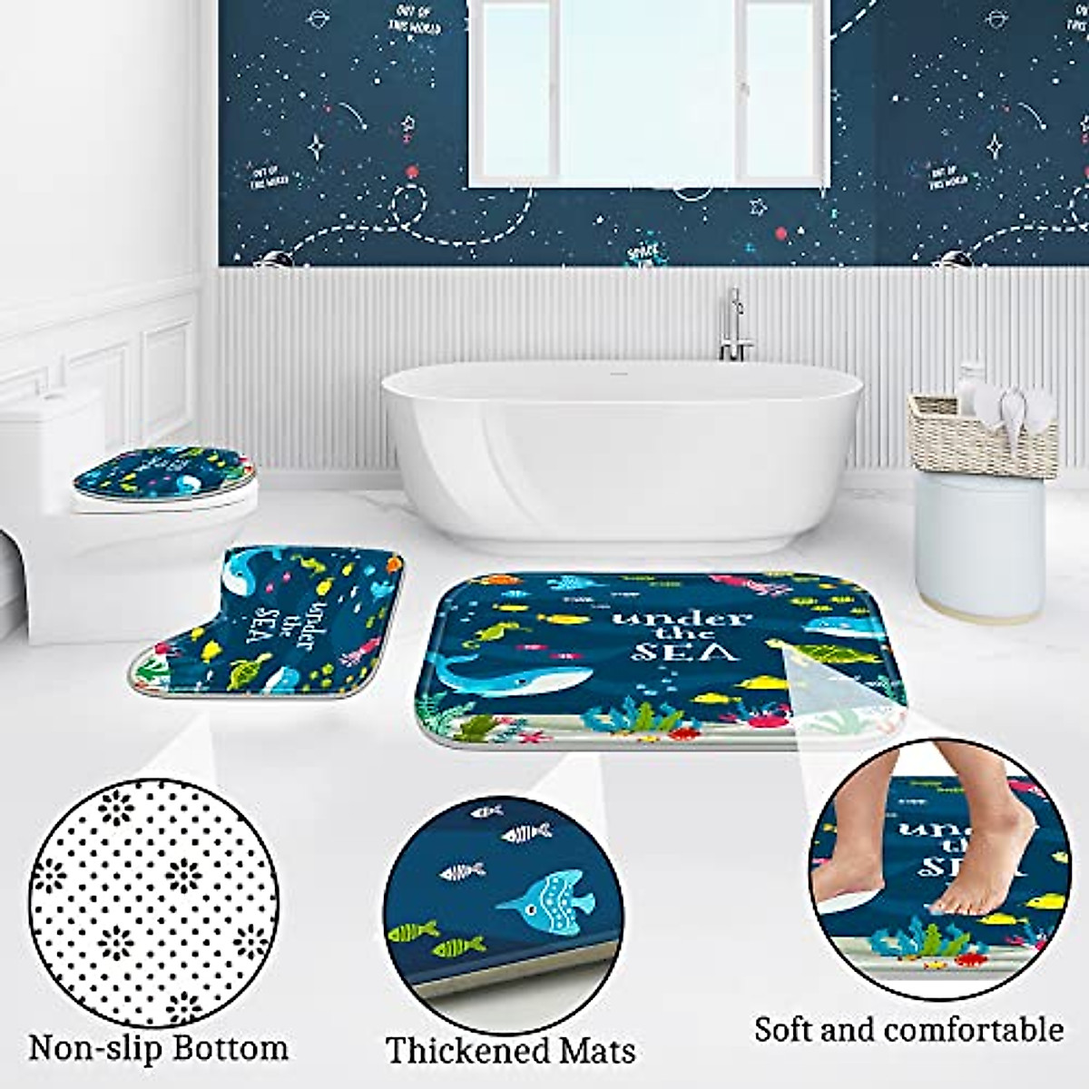 Poedist 4 Pcs Bathroom Shower Curtain Set,Kids Bathroom Sets with Rugs(Bath Mat,U Shape and Toilet Lid Cover Mat) and 12 Hooks,Under The Sea