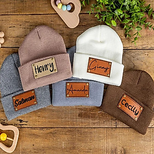 Personalized Beanie Hats, Custom Leather Patch Knitted Beanies Infant Toddler Kids Youth Child Baby Newborn Adult Beanie