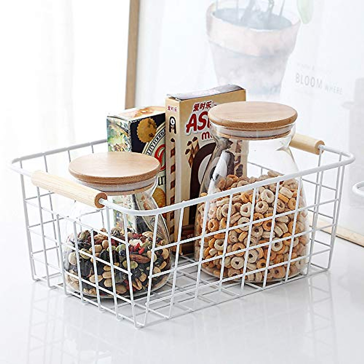 LeleCAT Wire White Baskets with Handles Wire Storage Organizer Baskets For Kitchen, Household Refrigerator for Cabinets, Pantry, Closets, Bedrooms - Set of 4(White)