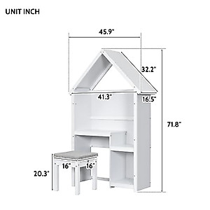 FocusOnHome House-Shaped Kids Desk with A Cushion Stool, House-Style Desk and Stool Set, White