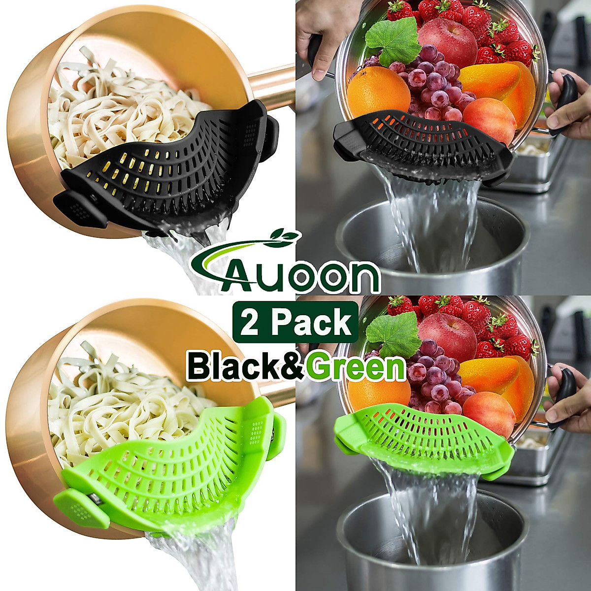 AUOON Clip on Strainer for pots Pans,2PACK,Heat Resistant Silicone, Easy to Use and Store, Dishwasher Safe,BlackGreen