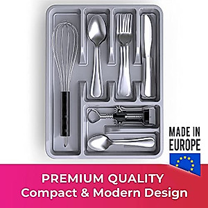 Mueller Flatware Kitchen Drawer Organizer, 10" x 13" Silverware Organizer, 6 Compartments, Heavy-Duty, Cutlery Tray for Utensils or Stuff, Dining Room, Living Room, Compact, Light Grey